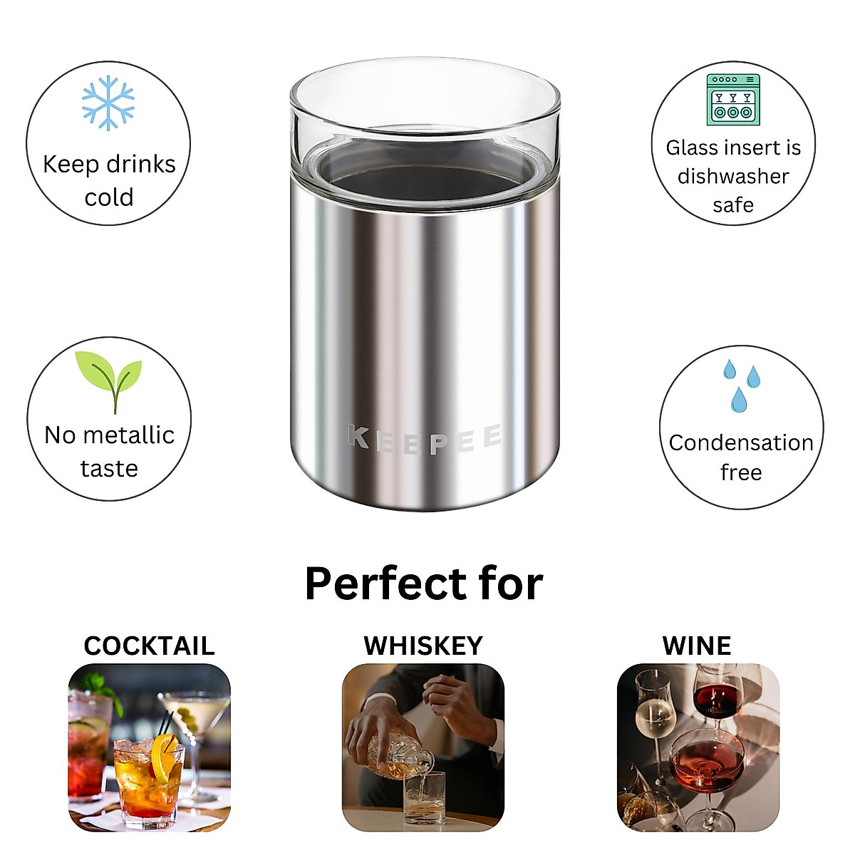 KEEPEE Whiskey Glasses Set of 2 - Vacuum Insulated Tumbler with Removable Glass Insert - Insulated Cocktail Glass - Old Fashioned Lowball Glass for Margaritas, Bourbon, Wine, 10oz (Stainless Steel)