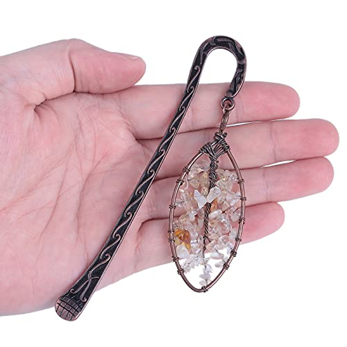 Loveliome Handmade Tumbled Gemstones Antique Copper Metal Bookmark Chakra Healing Crystals Tree of Life Charm, Citrine