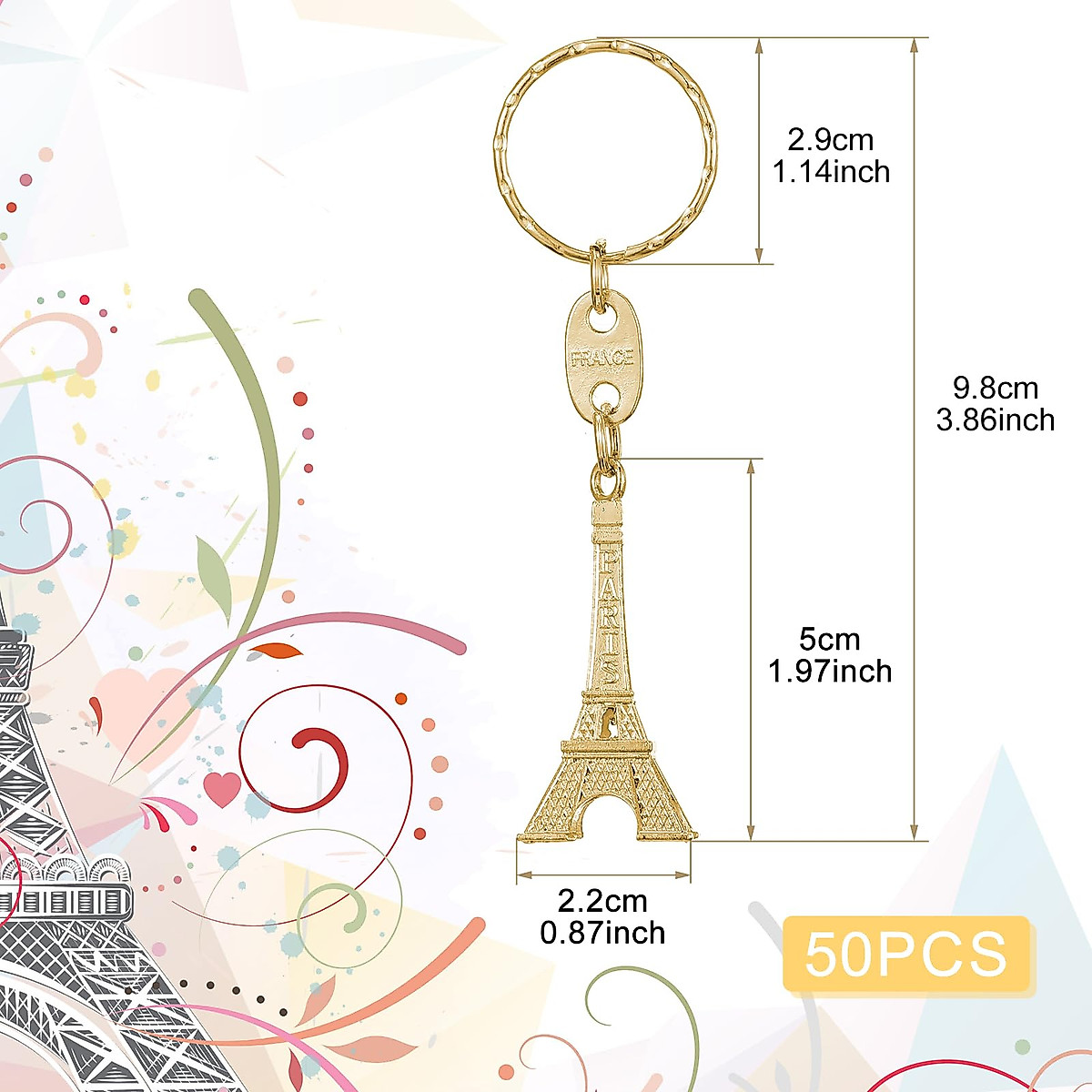 Inbagi 50 Pieces Eiffel Tower Keyring Paris Eiffel Tower Keychains Retro French Souvenirs Keychains Eiffel Tower Keychain Bulk for Home Jewelry Birthday Table Graduation Thank You Gifts (Gold)