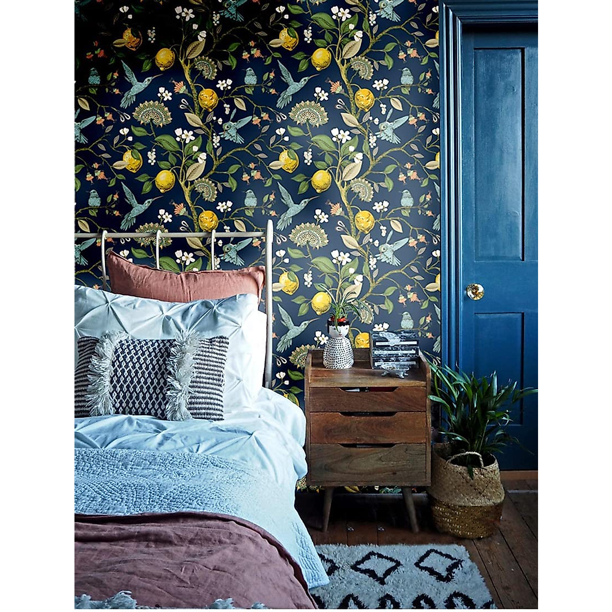 Blooming Wall Blue Bird Fresh Lemon Tree Peel and Stick Wallpaper Removable Self Adhesive Wall Mural Wall Decor, 14.5 Square Ft/Roll