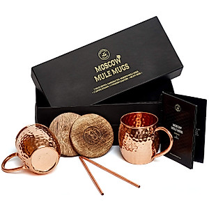 Moscow Mule Copper Mugs Set - 2 Authentic Handcrafted Copper Mugs (16 oz.), 2 Straws, 2 Solid Wood Coasters and Recipe Book - Gift Box Included