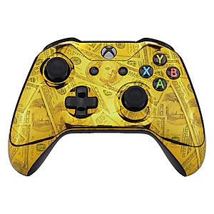 eXtremeRate Chrome Gold 100 Cash Money Dollar Front Housing Shell Case, Glossy Patterned Faceplate Cover Replacement Kit for Xbox One S & One X Controller (Model 1708)