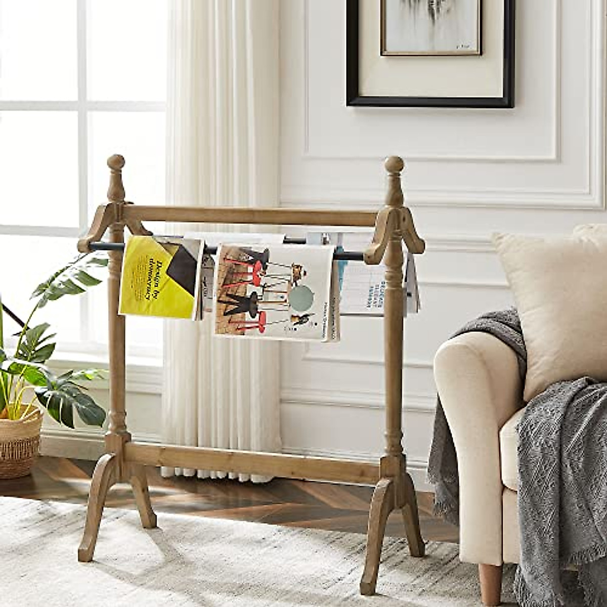 eodme 2 Ties Freestanding Towel Rack, Farmhouse Wood Blanket Rack Stand, Rustic Drying and Display Rack for Bathroom, Living Room