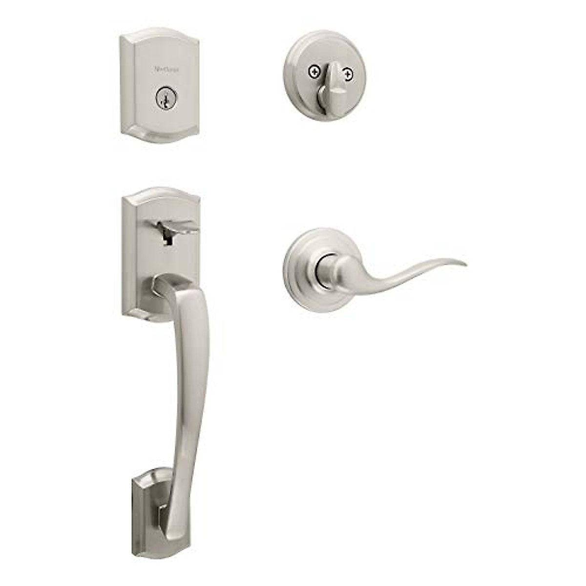 Kwikset 98180-021 Prescott Single Cylinder Front Door Handleset with Tustin Lever Featuring SmartKey Security and Microban Antimicrobial Protection in Satin Nickel