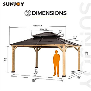 Sunjoy Hardtop Gazebo 13' X 15' Cedar Framed Wood Gazebo with Brown Double Steel Hardtop Roof Permanent Canopy for Garden, Backyard Shade