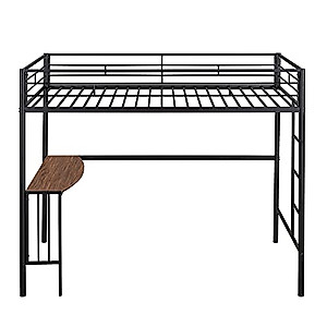 MOEO Twin Over Full Metal Bed with Desk and Ladder for Kids, Adults, Bedroom, Steel Bunk Bedframe w/Slats, No Box Spring Needed, White, Black