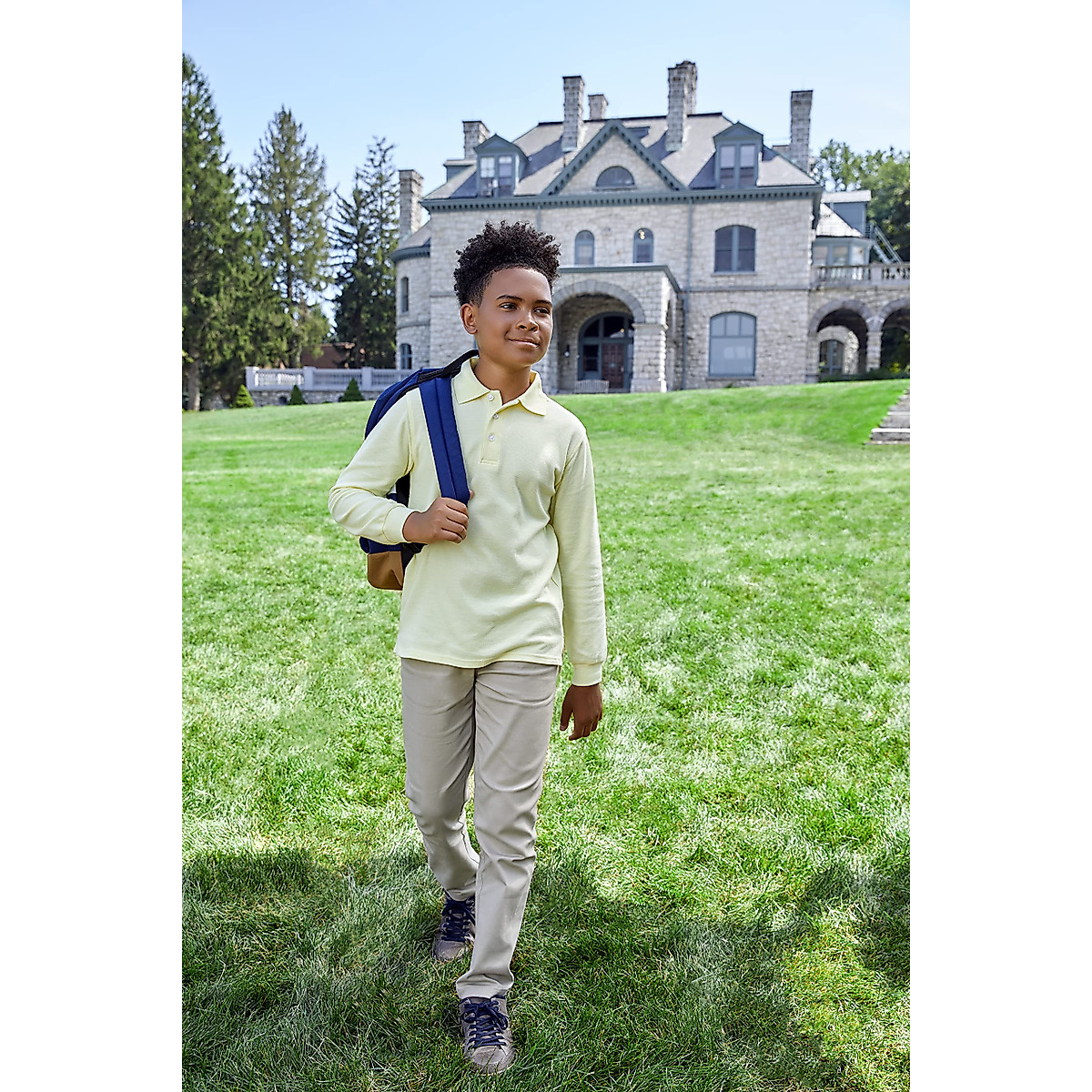 French Toast Big Pique Polo School Uniform Shirt with Long Sleeves for Boys and Girls, Navy, 8