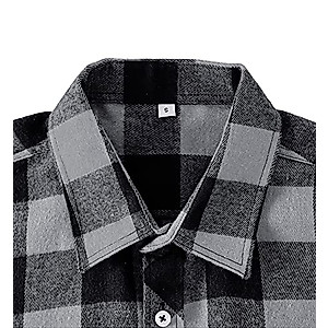 KUYIGO Men's Long Sleeve Plaid Flannel Casual Polo Shirts Button Down Regular Fit Shirt Grey&Black Medium