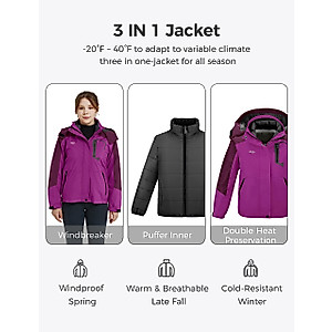 wantdo Big Girl's 3 in 1 Ski Jacket Snow Warm Winter Coat Waterproof Interchange Coat Purple 10-12