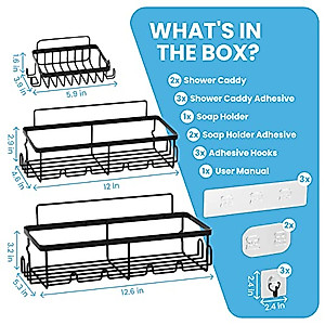 Shower Caddy, Shower Organizer for Bathroom Storage No Drilling, 3 Pack Adhesive Shower Shelves and 3 Adhesive Hooks - Large Capacity, Rustproof Stainless Steel, Shower Shelf for Inside Shower - Black