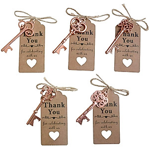 50pcs Rose Gold Skeleton Key Beer Bottle Opener With 100 Pcs Thank You Card and 98 Feet Hemp Rope for Wedding Party Favors