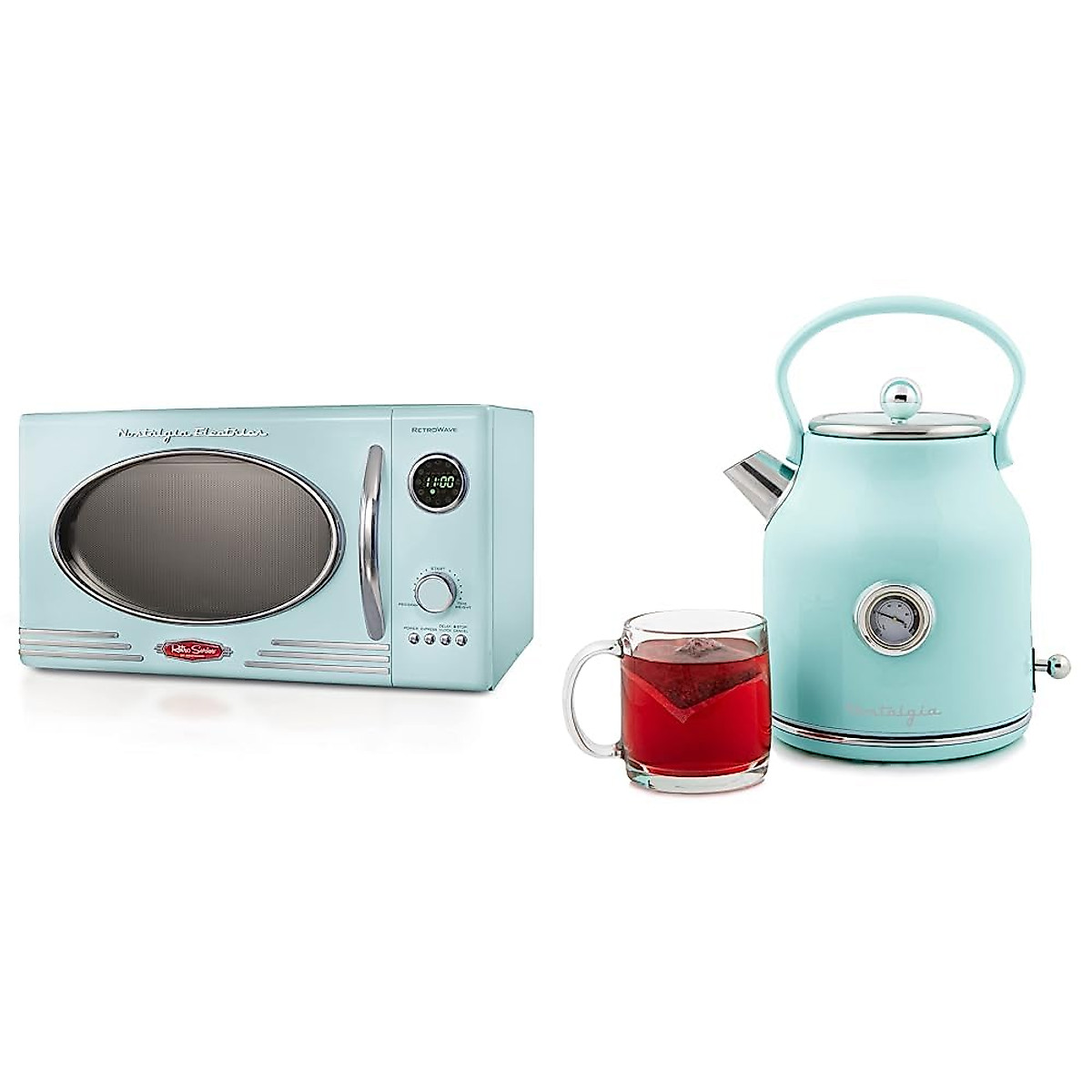 Nostalgia Retro Countertop Microwave Oven, 0.9 Cu. Ft. 800-Watts with LED Digital Display, Child Lock, Easy Clean Interior, Cu.Ft, Aqua & Retro Stainless Steel Electric Tea and Water Kettle