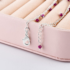 Yanara Graduation Gifts Pink Ruby Anklets For Women Beads Ankle Bracelets for Her Natural July Birthstone Silver Plated Trendy Gemstones Jewelry in 10” inch Chakra Healing Crystals Thoughtful Gifts