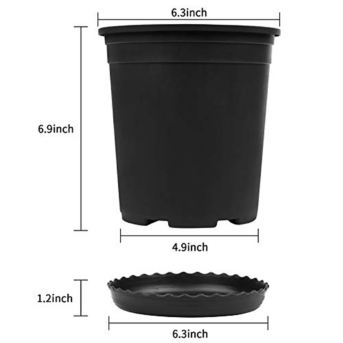 Mhonniwa 1 Gallon Nursery Pots for Plants Plastic Pots with Drainage Hole and Saucer for Indoor Outdoor Plants, Seedlings, Succulents and Cuttings, Black, 6 inch 12 Pack
