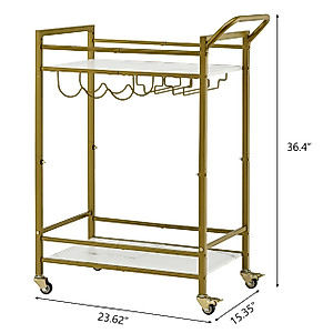 Tajsoon 2-Tier Bar Cart, Mobile Bar Serving Cart, Industrial Style Wine Cart for Kitchen, Beverage Cart with Wine Rack and Glass Holder, Rolling Drink Trolley for Living Room, Gold & White