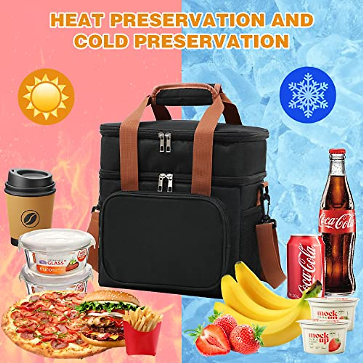 Ecyuaniu Double Deck Large Lunch Bag for Women Men, Expandable Insulated Lunch Bag with Adjustable Shoulder Strap, Leakproof Freezable Dual Compartment Lunch Bag for Adult Work Camping Picnic (14L)