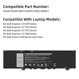 YXKC F62G0 39DY5 38Wh Laptop Battery for Dell Inspiron 13 7000 i7373 7373 7386 2-in-1 7370 7380 5370 P83G P87G P91G P83G001 P83G002 P87G001 Vostro 13 5370 039DY5 0F62G0 RPJC3 0RPJC3 F62GO 11.4V
