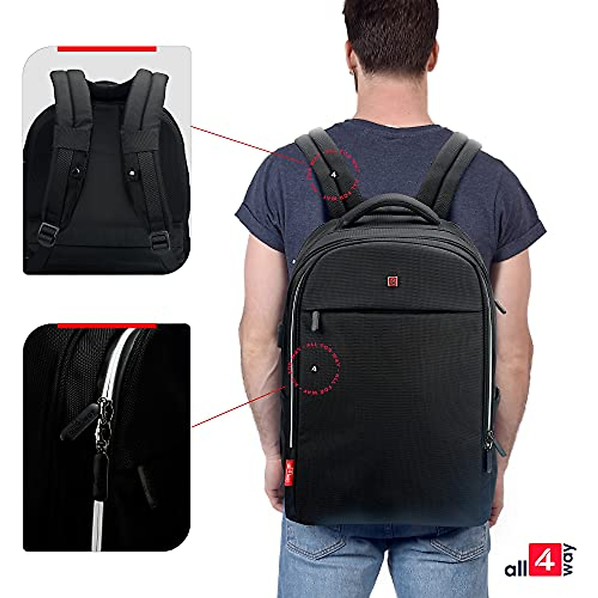 all4way Premium Laptop Backpack for Women Men - USB Quick Charge RFID 17"- Swiss Design Anti-Theft, Waterproof with Rain Cover for Business Travel College - Durable & Soft 1680d Polyester