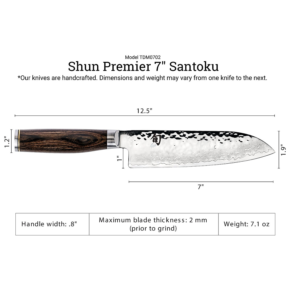 Shun Premier 7" Santoku Knife Hand-Sharpened, Handcrafted in Japan, Light, Agile and Easy to Maneuver, 7-Inch, Silver