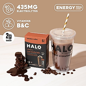 HALO Hydration – Electrolyte Energy Drink Mix | Hydration Powder Packets | Iced Mocha Latte Flavor, Healthy Skinny Coffee | Low Sugar | Easy Open Single Serving Stick | 6 Sticks