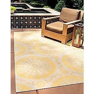 Unique Loom Outdoor Botanical Collection Area Rug - Medallion (4' 1" x 6' 1" Rectangle, Yellow/ Beige)