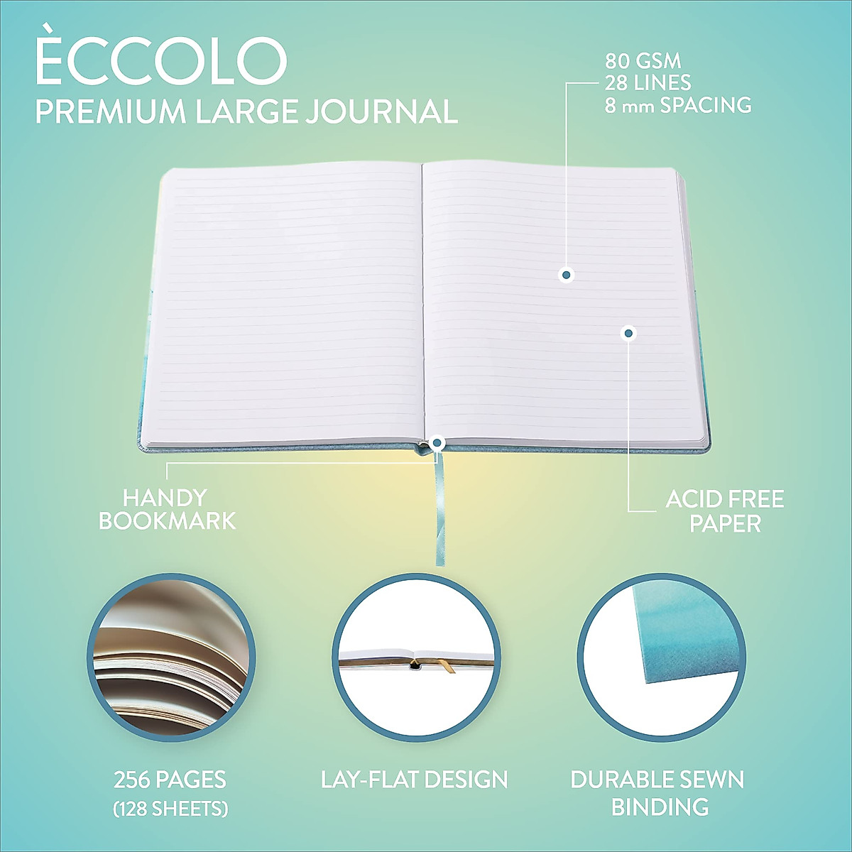 Eccolo Large Lined Journal Notebook, Hardbound Cover, Writing Journal, 256 Ruled White Pages, Ribbon Bookmark, Lay Flat, Desk Size for Work or School (Abstract, 8x10 inches)