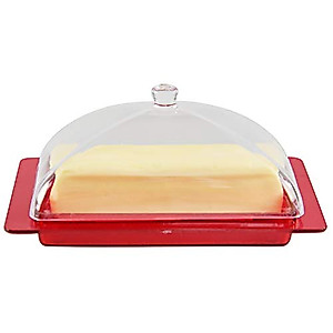 HOME-X Butter Keeper, Large Butter Dish with Lid, Versatile Food Container, Butter Dish with Handled Lid, 6 1/8" x 2 ½" W x 3 ¾" H, Red