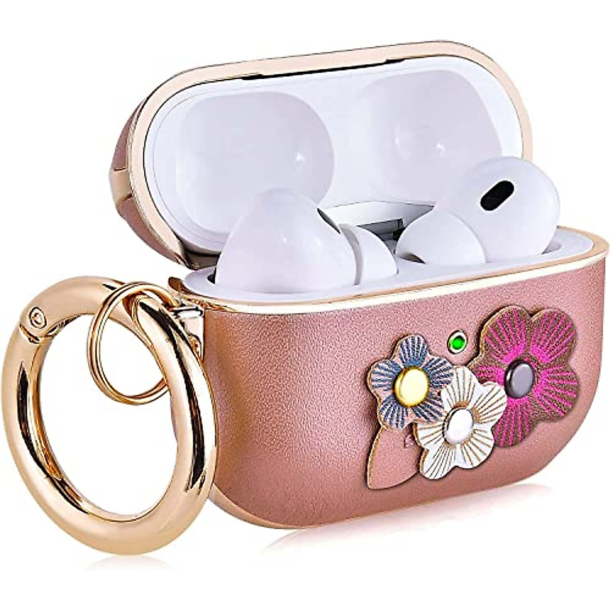 V-MORO for Airpods Pro 2nd Generation Case, Flower AirPod Pro 2 Leather Case Protective Floral Hard iPod Pro 2 Case for Women Men with Keychain for Airpods Pro 2(2022), Rose Gold