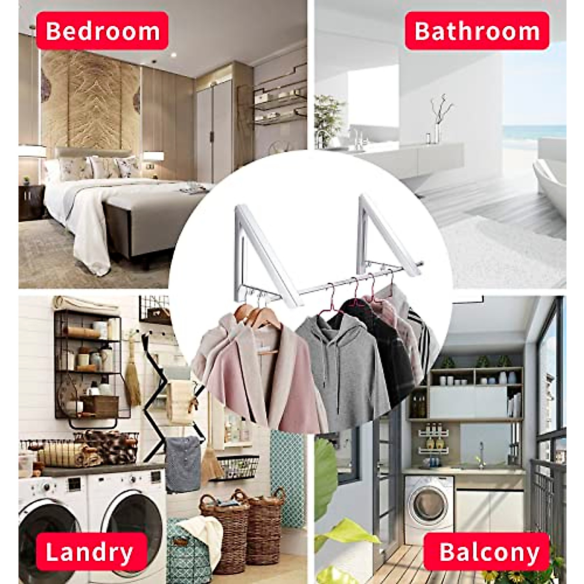 Dr.DJ Retractable Clothes Rack-Laundry Room Drying Rack Wall Mounted Clothes Hanger Foldable, Wall Mount, Folding Clohes Wall Hanger Home Storage Organizer, Aluminium, 2 Racks with Rod (Silver)