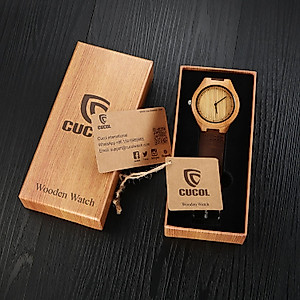 CUCOL Mens Wooden Watches Brown Cowhide Leather Strap Casual Watch for Groomsmen Gift with Box