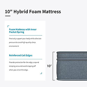 Hommoo 10 Inch Foam and Individually Pocket Innerspring Hybrid Mattress Breathable Medium Firm Mattress with Knitted Fabric Cover Soft Bed Mattress in a Box King