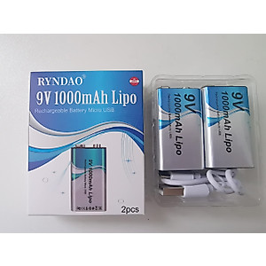 RYNDAO 9V Lithium Battery can Charge 1000 mAh, 2/Pack, 9V USB Fast Charging, Used for Microphone, Smoke Alarm, Electric Guitar, Metal Detector, multimeter, walkie Talkie, etc