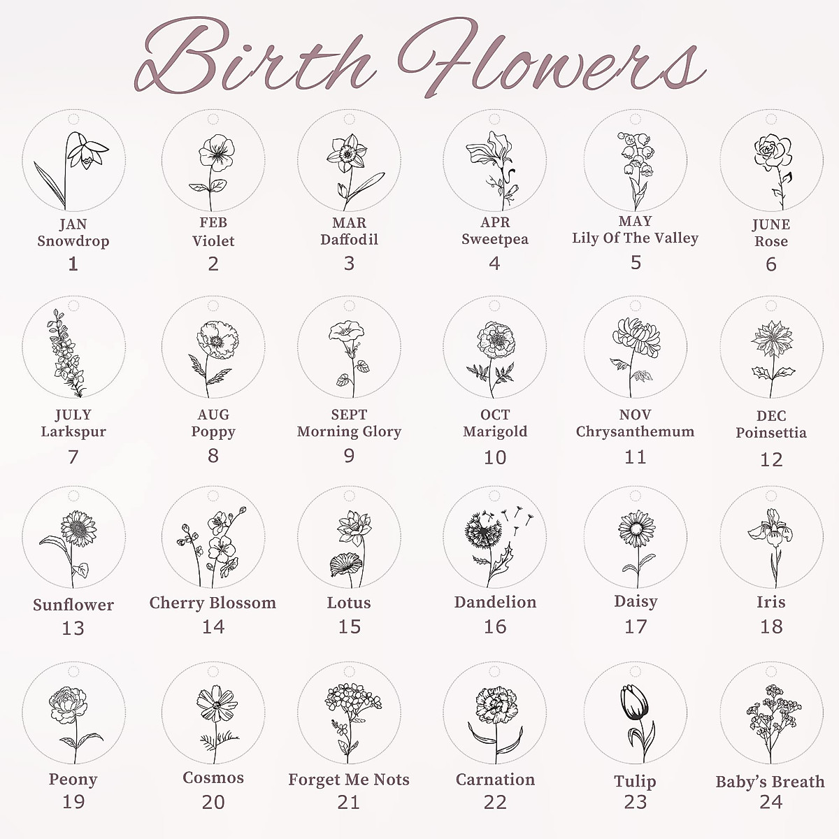 Anavia Birth Month Flower Necklace Birthday Gifts, Personalized Engraved Floral Coin Necklace, Customized Love Jewelry Necklace for Her Mom Sister Girlfriend Lily Poppy Sunflower (Silver)