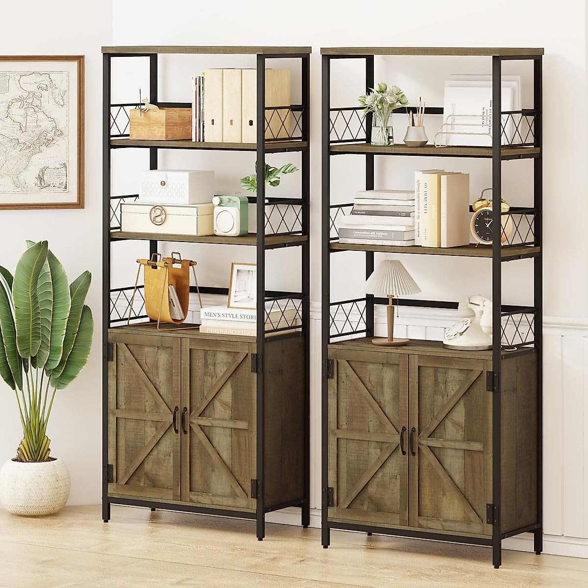 Aubtik Farmhouse Bookcase with Doors, Rustic Tall Book Shelf with Cabinet, Industrial Wood Metal Bookshelf with Storage for Home Office, Living Room, Classroom (Rustic Oak)