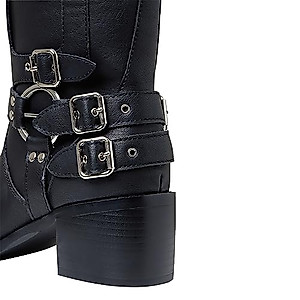 Cossansan Square Toe Boots for Women Knee High Boots Women Leather Buckles Black Dress Boots Fashion Winter Boots Moto Boots Women Size8