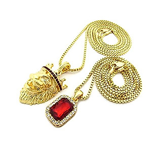Gold Tone Micro Colorful Gemstone King Crown Lion Head Pendant 2mm 24", 30" Box Chain 2 Necklace Set (Gold + Red)