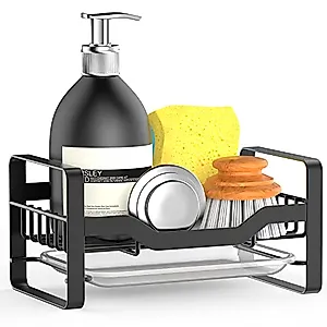 MURLONG Sink Caddy, Kitchen Sink Organizer, Sponge Soap Holder for Countertop, 304 Stainless Steel Dish Scrubber Holder with Removable Drain Pan for Sponge, Scrubber, Soap, Dish Brush-Black