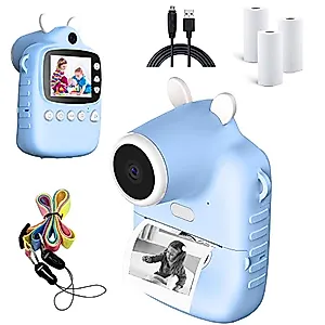 SainSpeed Kids Selfie Camera, Digital Video Cameras for Toddler Age 3-9, Instant Print Camera with 3 Rolls Paper，Portable Toy for Girls and Boys Birthday,Valentines Gifts-Blue