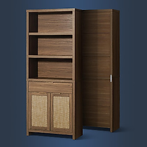 OAKHAM HOME Hampstead Bookcase, Rattan Bookcase with Doors Cabinet and Drawer, 5-Tier Bookshelf, Large Wooden Book Case, Tall Bookshelves for Library Living Room (Special Walnut, 1 Piece)