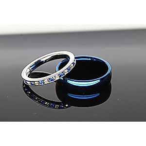 His and Hers 925 Sterling Silver Blue Saphire Stainless Steel Wedding Rings Set Blue #SP24BLMSBL (Size His 10, Hers 07)
