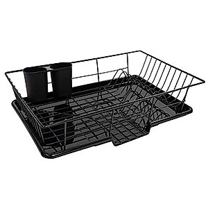 Sweet Home Collection Space-Saving 3-Piece Dish Drainer Rack Set: Efficient Kitchen Organizer for Quick Drying and Storage - Includes Cutlery Holder and Drainboard - Maximize Countertop Space, Black