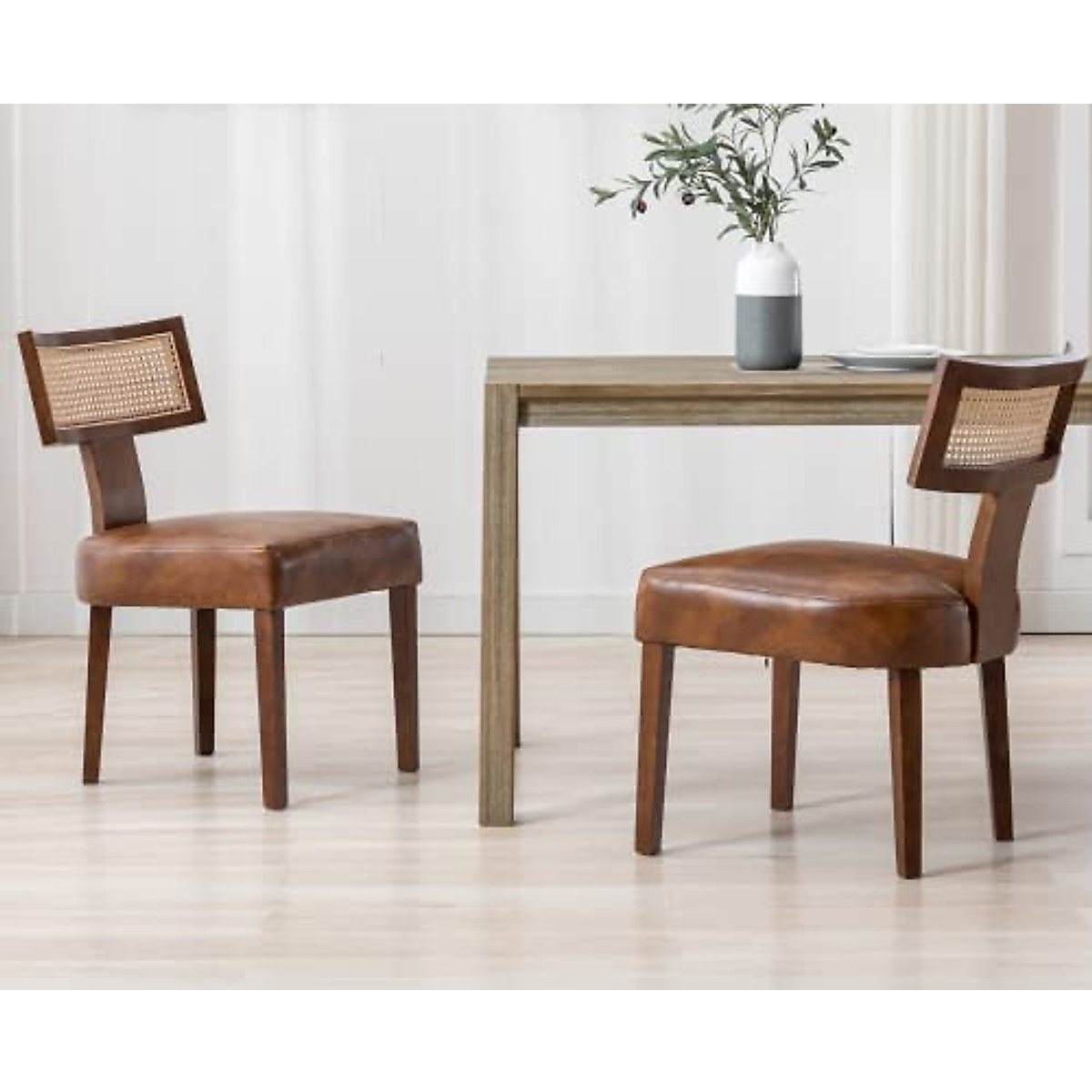 EALSON Mid Century Modern Dining Chairs Set of 2 Leather Upholstered Kitchen Chairs with Wood Legs and Curved Rattan Back Farmhouse Dining Room Chairs Rattan Accent Side Chairs, Brown