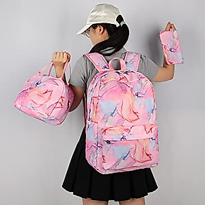 Bluboon Teen Girls School Backpack Kids Bookbag Set with Lunch Box Pencil Case Travel Laptop Backpack Casual Daypacks (Marble Pink-Blue)