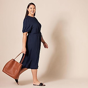 Amazon Essentials Women's Relaxed Fit Half-Sleeve Waisted Midi A-Line Dress, Navy, Large