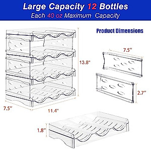 Water Bottle Organizer for Cabinet, Stackable Water Bottle Holder for Kitchen Pantry Organization and Storage, Plastic Wine Rack, Drink Organizer for Fridge, Freezer -4 Packs, Hold 12 Bottles, Clear
