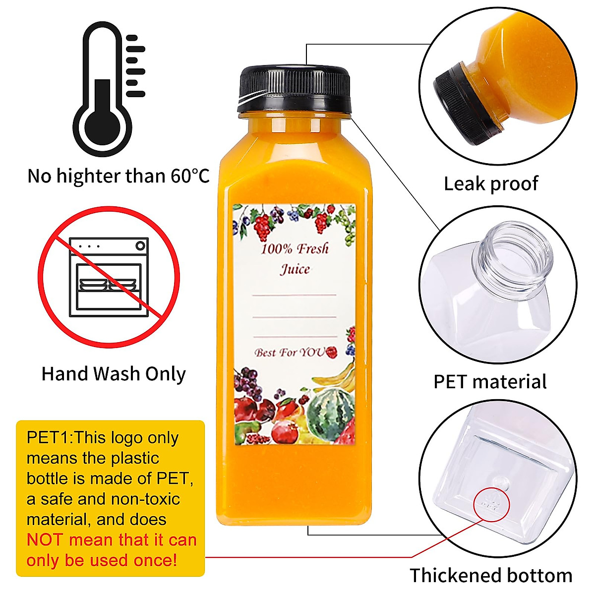 SUPERLELE 20pcs 16oz Empty Plastic Juice Bottles with Caps, Reusable Water Bottles, Clear Bulk Drink Containers with Black Tamper Evident Lids for Juicing, Smoothie, Drinking and Other Beverages