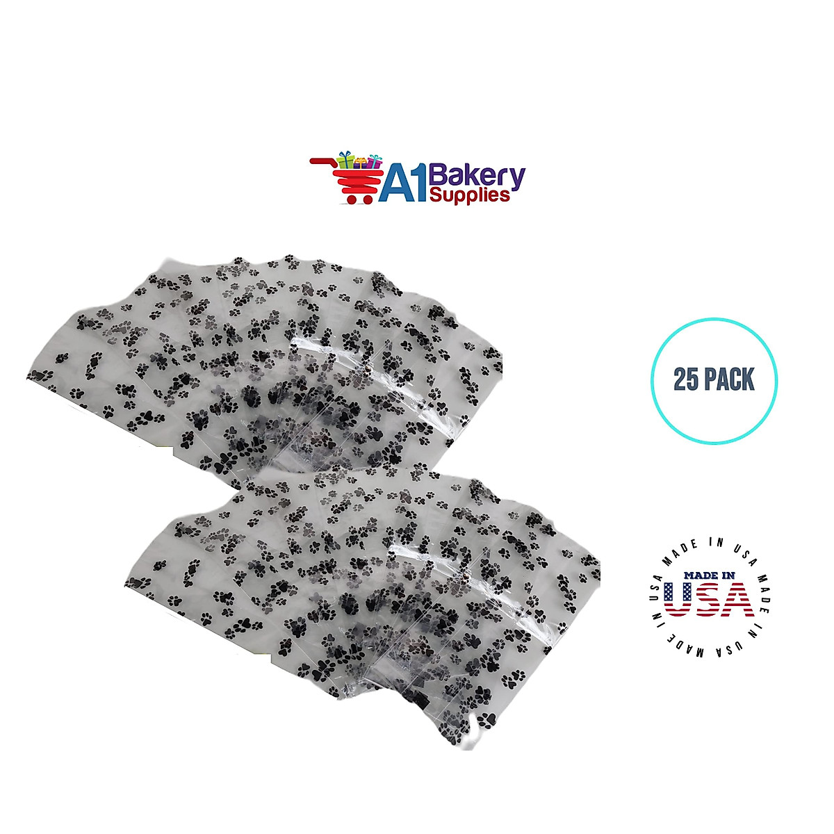 A1BakerySupplies® 25 Pack Paw Print Design Printed Cellophane Bags 4 In X 2 In X 9 In