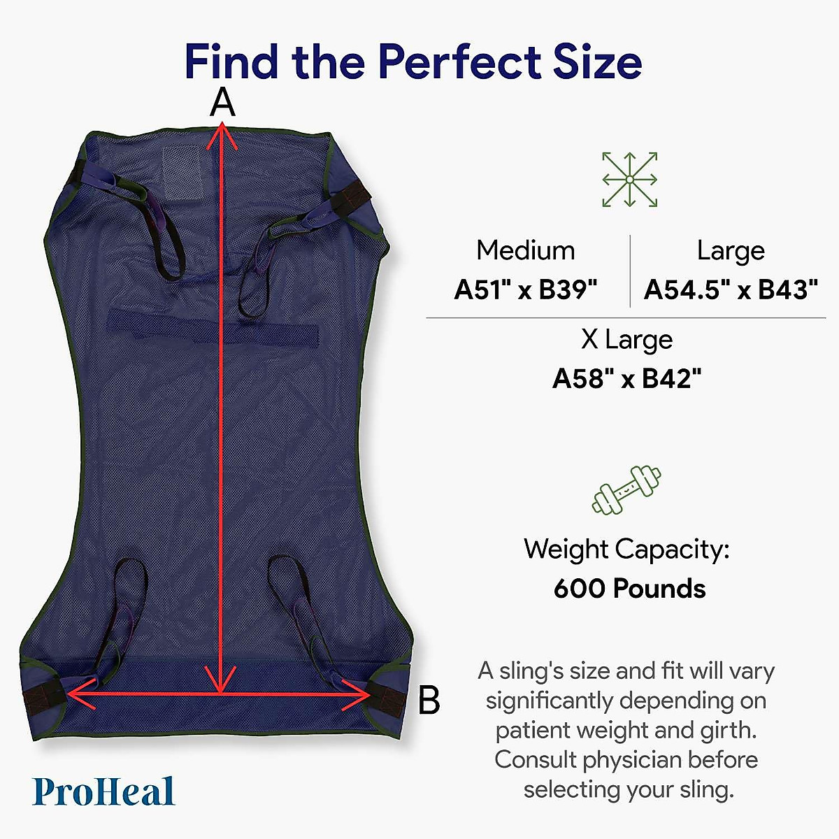 ProHeal Universal Full Body Mesh Lift Sling, XX Large, 52" x 44.5" - Polyester Slings for Patient Lifts - Compatible with Hoyer, Invacare, McKesson, Drive, Lumex, Joerns and More