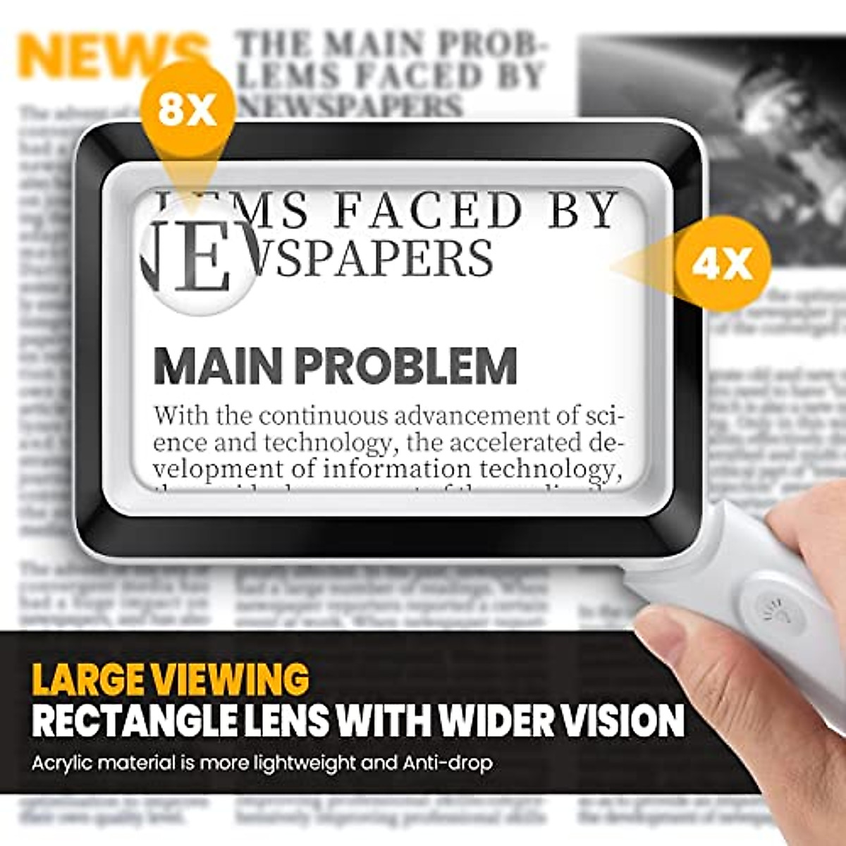 ANBULL 4X 8X Rechargeable Magnifying Glass with Light, 20 Anti-Glare Dimmable LEDs, Handheld 4.5''*2.7'' Rectangular Page Lighted Magnifying Glass for Close Work, Seniors Reading, Low Vision