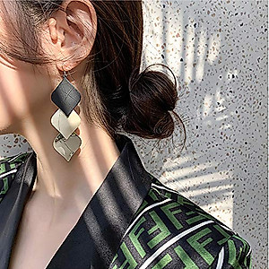 Long Square Dangle Drop Earrings Lightweight Fashion Geometric Earrings Square Gold Statement Dangle Earrings Minimalist Polished Simple Plain Geometric Flattened Hoop Earrings-Black